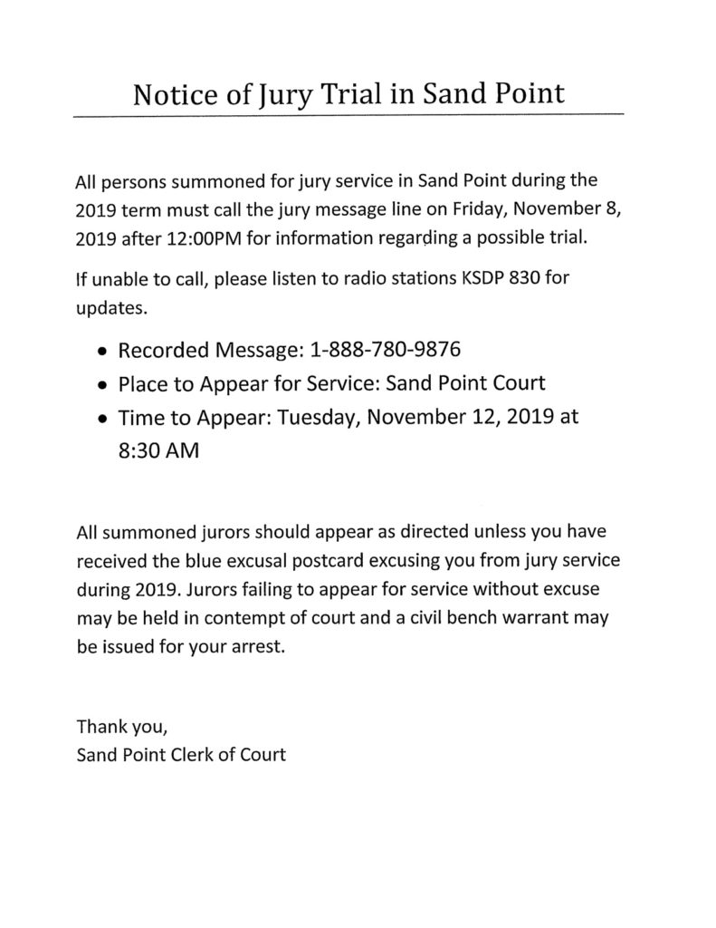 Sand Point Jury Notice: November 8, 2019 - 830 AM KSDP – Sand Point, AK
