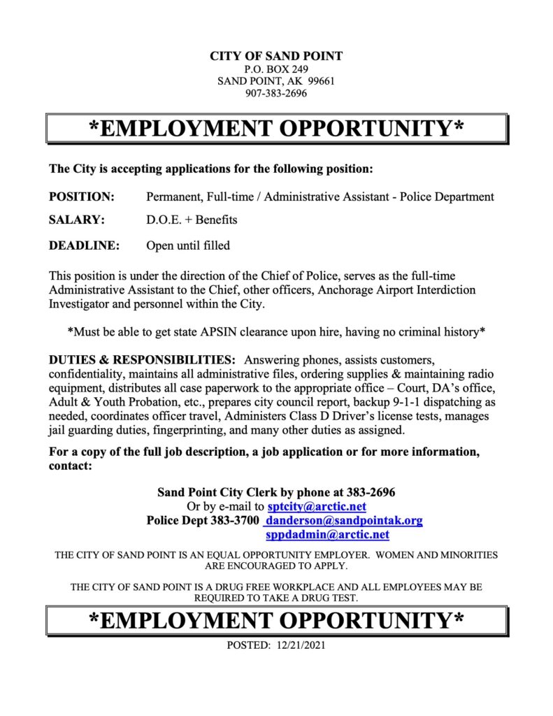 Job Posting: Sand Point Police Dept. Admin Assistant - 830 AM KSDP ...